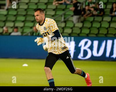 Austin FC goalkeeper Brad Stuver warms up before an MLS soccer game ...