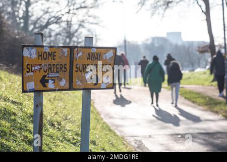 Segregation sign directing home and away football fans at football ...