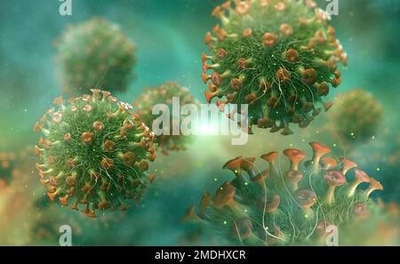 Virus inside cell. Replication and mutation of viruses. Macro 3D ...