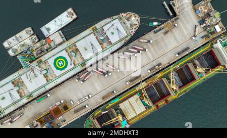 Powder tanker trailer Truck going to load cemant powder to large ship ...