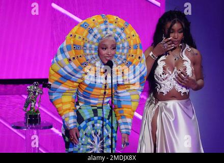 Doja Cat, left, and SZA accept the award for best collaboration for ...