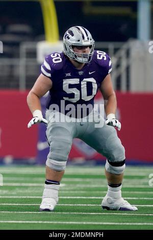 Kansas State offensive lineman Cooper Beebe (50) defends during an NCAA college football game ...