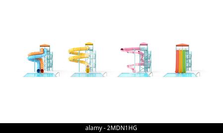 Blank colored waterslide with swimming pool mockup, top side view, 3d ...