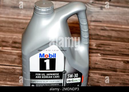 Cairo, Egypt, January 23 2023: Mobil one 1 5W-30 Dexos 1 GM approved ...