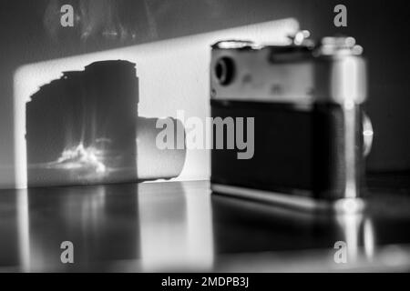 FED IV, Fed 4, 35mm camera in sunlight with shadows thrown on a wall ...