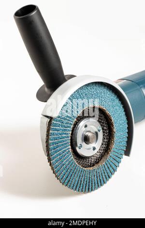 Professional angle grinder with flap wheel for processing wooden ...