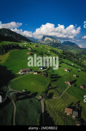 Swiss meadow fields with houses and mountains, in cloudy weather Stock ...
