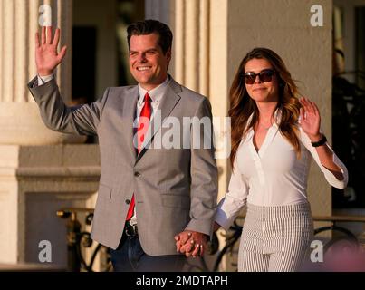 Rep. Matt Gaetz, R-Fla., and his wife Ginger Luckey hold hands as they ...