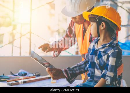 engineer builder family father day role play teaching son kid at ...