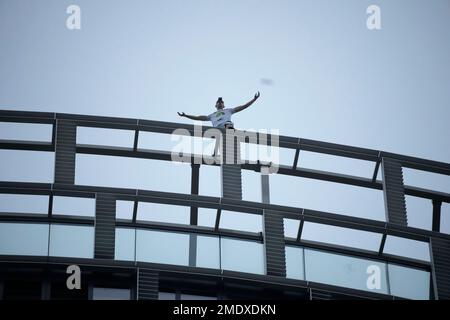 Free-solo climber George King climbs the Stratosphere Tower building, a ...