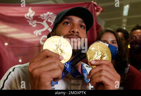 Italian sprinter Marcell Jacobs shows his medals, won in the men's 100 ...