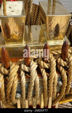 Maneuver ropes turned on toggles on the Amerigo Vespucci sailing school ...