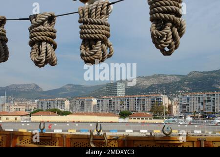 Ropes coiled on the Amerigo Vespucci sailing school of the Italian Navy ...