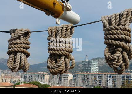 Ropes coiled on the Amerigo Vespucci sailing school of the Italian Navy ...