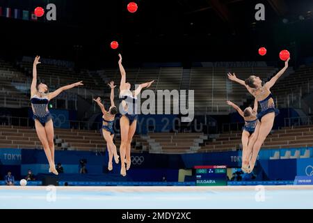 Bulgaria's rhythmic gymnastics' team, Simona Dyankova, Stefani ...