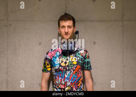 The table tennis commentator Adam Bobrow poses for a photograph during ...