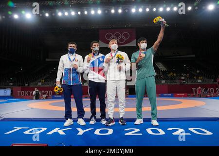 Medalists, from left to right, Belarus' Mahamedkhabib Kadzimahamedau, silver, Russian Olympic ...