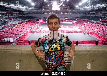 The table tennis commentator Adam Bobrow poses for a photograph during ...