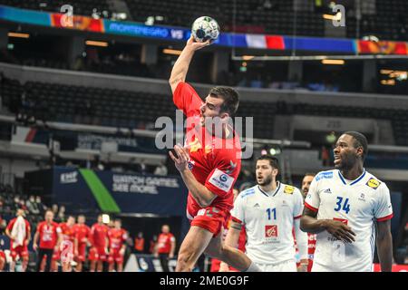Milos Vujovic (Montenegro) against France. EHF Euro 2022. Main Round ...