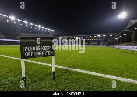 General view of Craven Cottage and the Please keep off the pitch sign ...