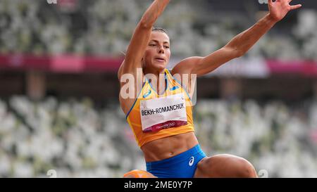 Maryna Bekh-Romanchuk, of Ukraine, competes in the women's long jump ...