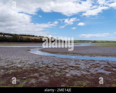 Open seabed after low tide, swamp. Green hill. White clouds in a sky ...