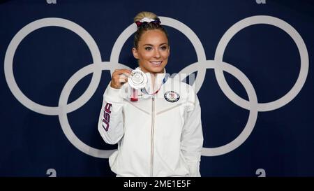 Mykayla Skinner of the United States, poses after winning the silver ...
