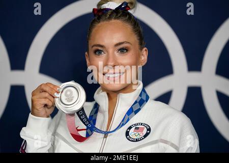 Mykayla Skinner of the United States, poses after winning the silver ...