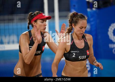 Tanja Hüberli and Nina Betschart of Switzerland compete against Brandie ...