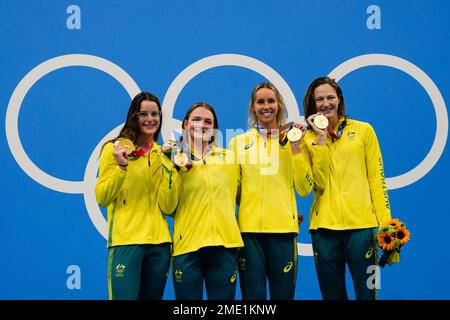 Australia's Kaylee McKeown, Chelsea Hodges, Emma McKeon and Mollie O'Callaghan celebrate winning ...