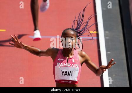 Winfred Yavi, of Bahrain, wins a heat of the women's 3,000-meter ...