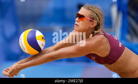 Tina Graudina, Of Latvia, competes during a women's beach volleyball ...