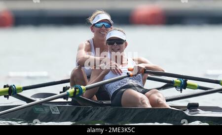 Brooke Donoghue and Hannah Osborne of New Zealand react after competing ...