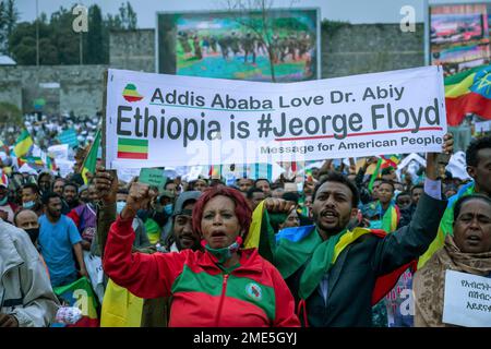 Residents of Addis Ababa Waving Ethiopia's national flag during a ...