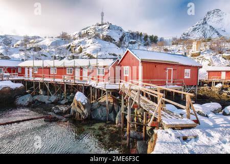 Stunning morning seascape of Norwegian sea and cityscape of Nusfjord ...