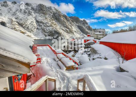 Stunning morning seascape of Norwegian sea and cityscape of Nusfjord ...