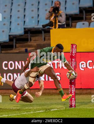 South Africa's Aphelele Fassi, right, scores a try as Georgia's Demur ...