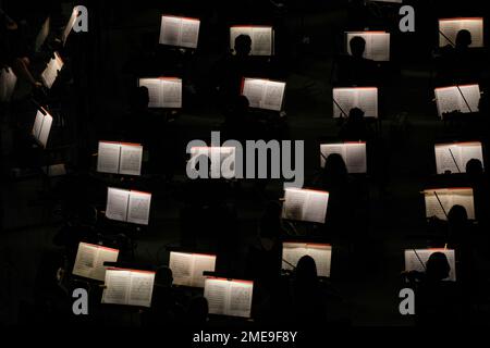 Musicians perform during 'Pagliacci' (Clowns) lyric opera, at the Arena ...