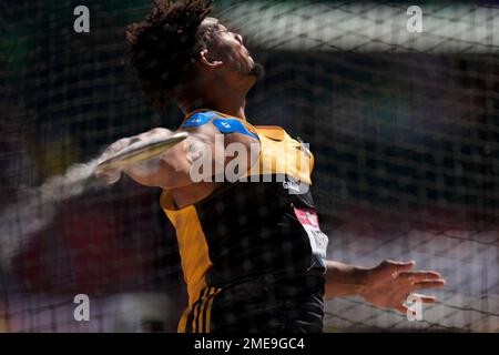 Sam Mattis competes during the finals of men's discus throw at the U.S ...