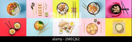 Collage of tasty Chinese dishes on color background Stock Photo - Alamy