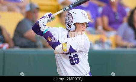 LSU catcher Morgan Cummins (26) celebrates a double play to end the ...
