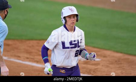 LSU catcher Morgan Cummins (26) celebrates a double play to end the ...