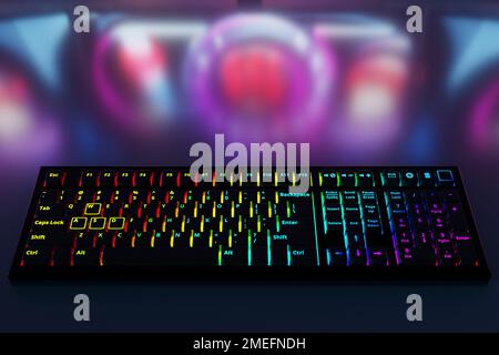 3d illustration, colorful gaming keyboard with LED backlit. Realistic ...