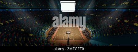 Aerial view. 3D model of empty basketball arena, court, playground for ...