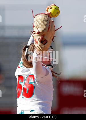 New Mexico pitcher Ashlyn Roberts throws against San Jose State during an NCAA softball game on ...
