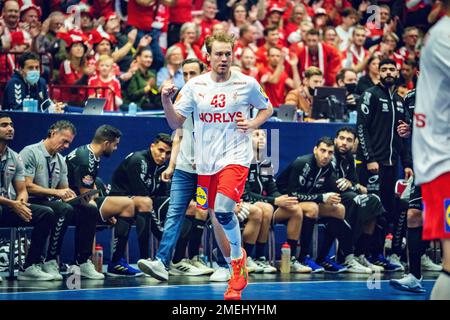 Malmo, Sweden. 23rd, January 2023. Magnus Saugstrup (15) of Denmark ...