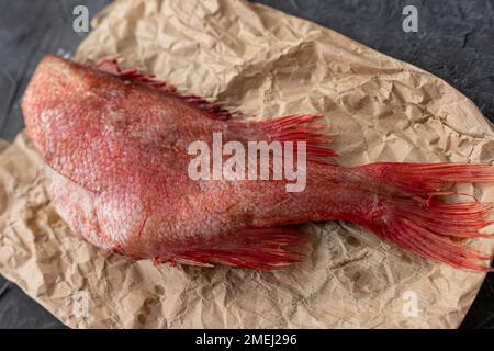 Two frozen headless carcasses of red sea bass Stock Photo - Alamy