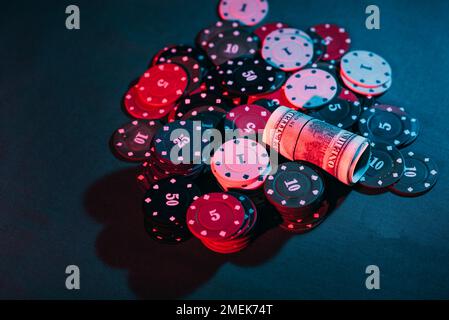 poker. playing chips, money placed bet. close up. puffed smoke in the ...