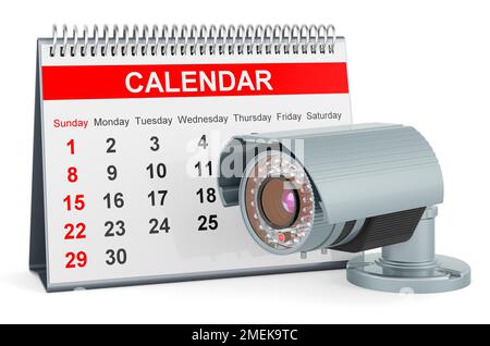Security surveillance camera with desk calendar. 3D rendering isolated ...