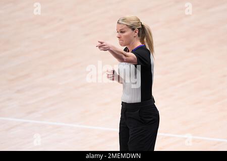 Referee Jenna Schroeder gestures during the second half of an NBA ...